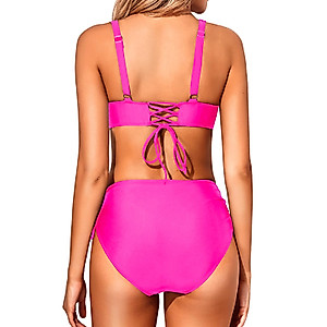 Aqua Eve Women High Waisted Bikini Twist Front Swimsuits Lace up Bikini Tops Ruched Push up 2 Piece Bathing Suits Hot Pink Medium
