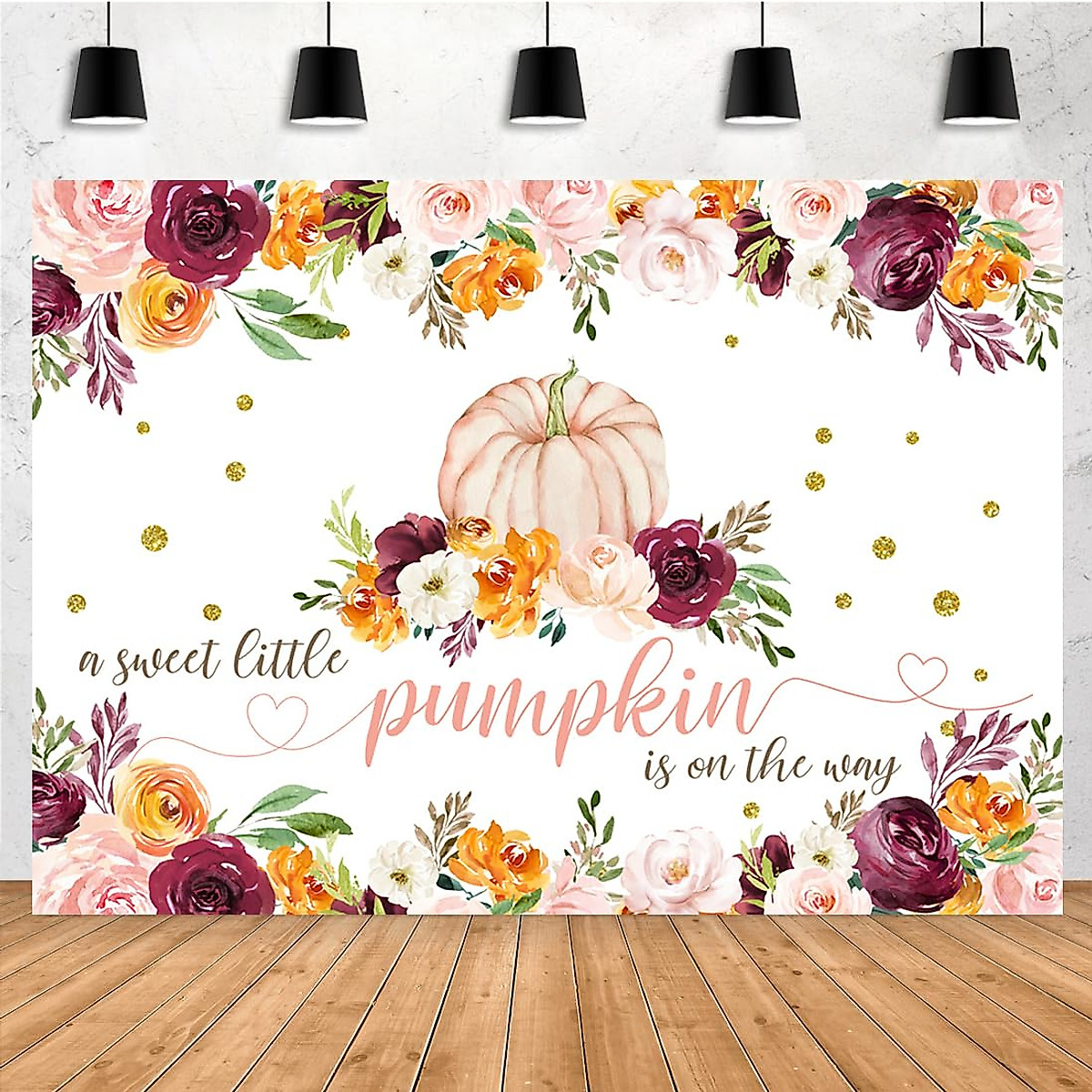 Aperturee 7x5ft Fall Pumpkin Baby Shower Backdrop Autumn Red Pink Yellow Floral Gold Glitter Photography Background A Sweet Pumpkin is On The Way Girl Princess Thanksgiving Photo Studio Booth Banner