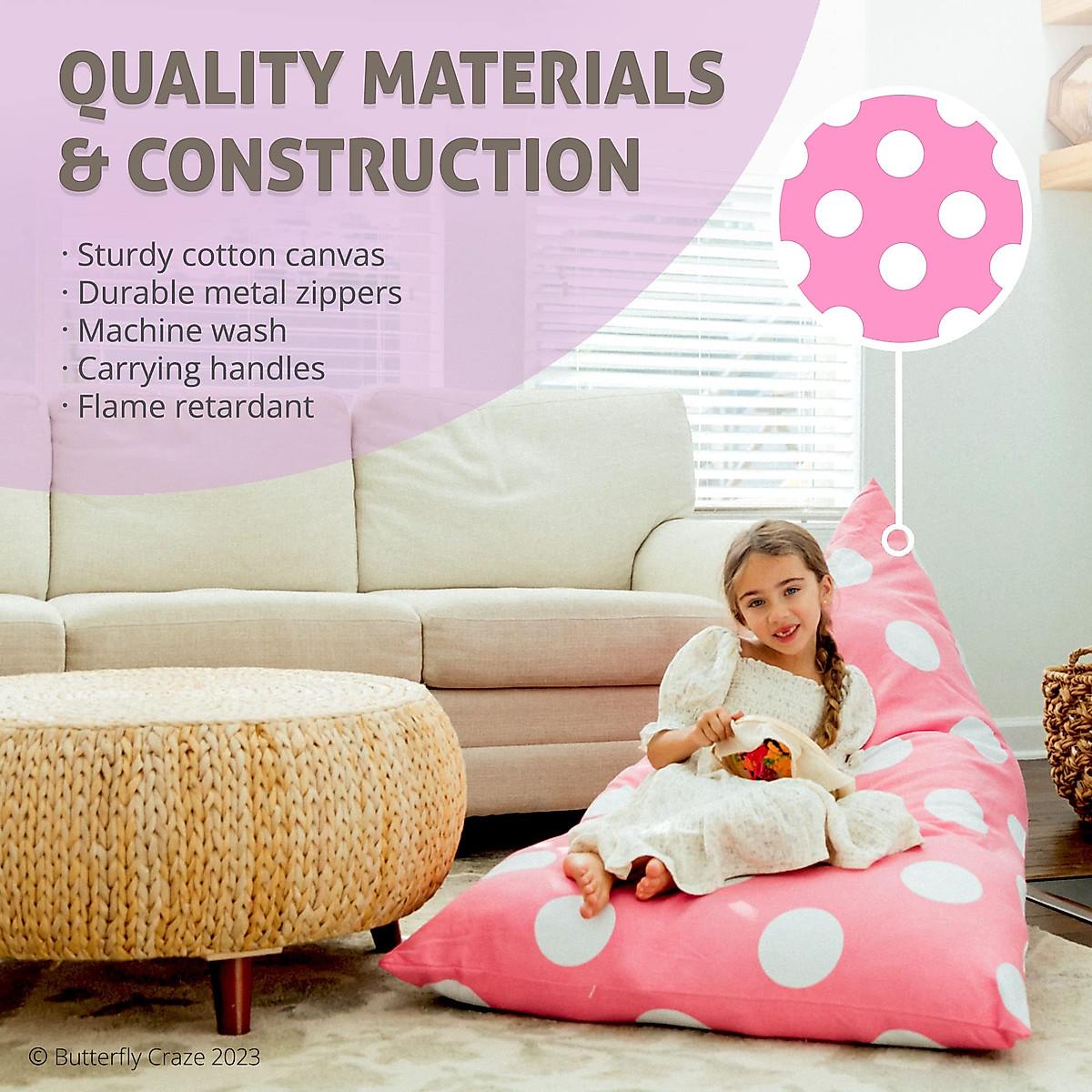 Butterfly Craze Bean Bag Chair Cover, Functional Toddler Toy Organizer, Fill with Stuffed Animals to Create a Jumbo, Comfy Floor Lounger for Boys or Girls, Stuffing Not Included, Light Pink Polka Dots