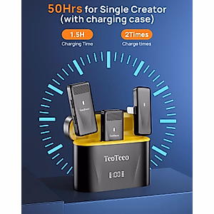 TeoTeeo 2pcs Wireless Lavalier Microphone for iPhone iPad with Charging Case, Wireless Lavalier Microphone for Single Person Continuous Recording 50H, 3 Modes Noise Canceling Mini Microphone, 120ft