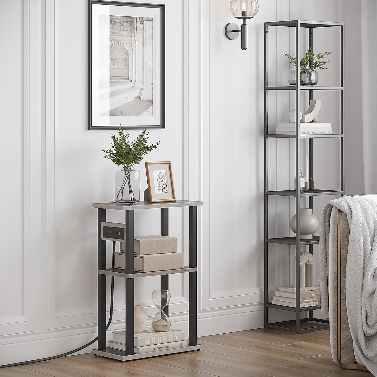 TUTOTAK Small Narrow Side Table with Charging Station, Skinny End Table for Small Spaces, Slim Nightstand with USB Ports and Outlet, Sofa Beside Table with Wheels, Greige TB01BG046