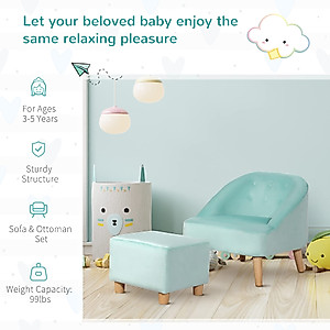 Qaba Kids Sofa Set, Toddler Chair, Sofa & Ottoman for Bedroom, Playroom, Children's Couch for 3-5 Years, Blue