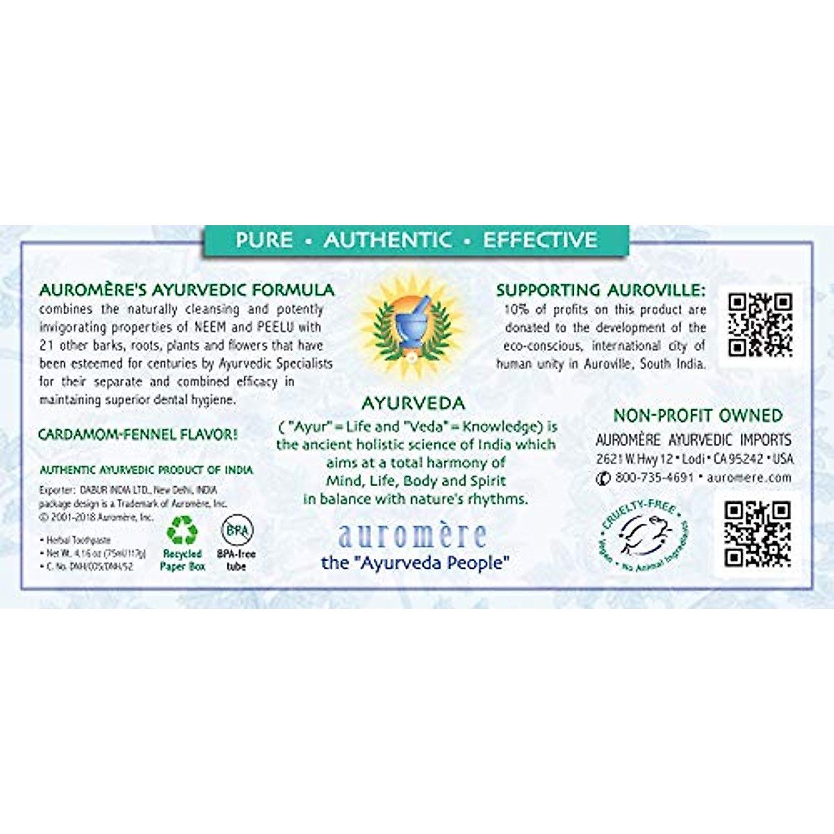 Auromere Ayurvedic Herbal Toothpaste, Cardamom Fennel, Foam Free - Vegan, Natural, Non GMO, SLS Free, Fluoride Free, Gluten Free, with Neem & Peelu (4.16 oz), 2 Pack