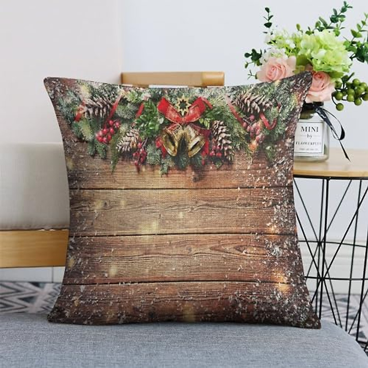 Christmas Bells Fir Tree Throw Pillow Covers 18×18 Pillowcases Set of 2 Dark Wooden Board Linen Decorative Square Pillow Case Cushion Covers Standard Size for Sofa Couch Outdoor Bed Pillow Protectors