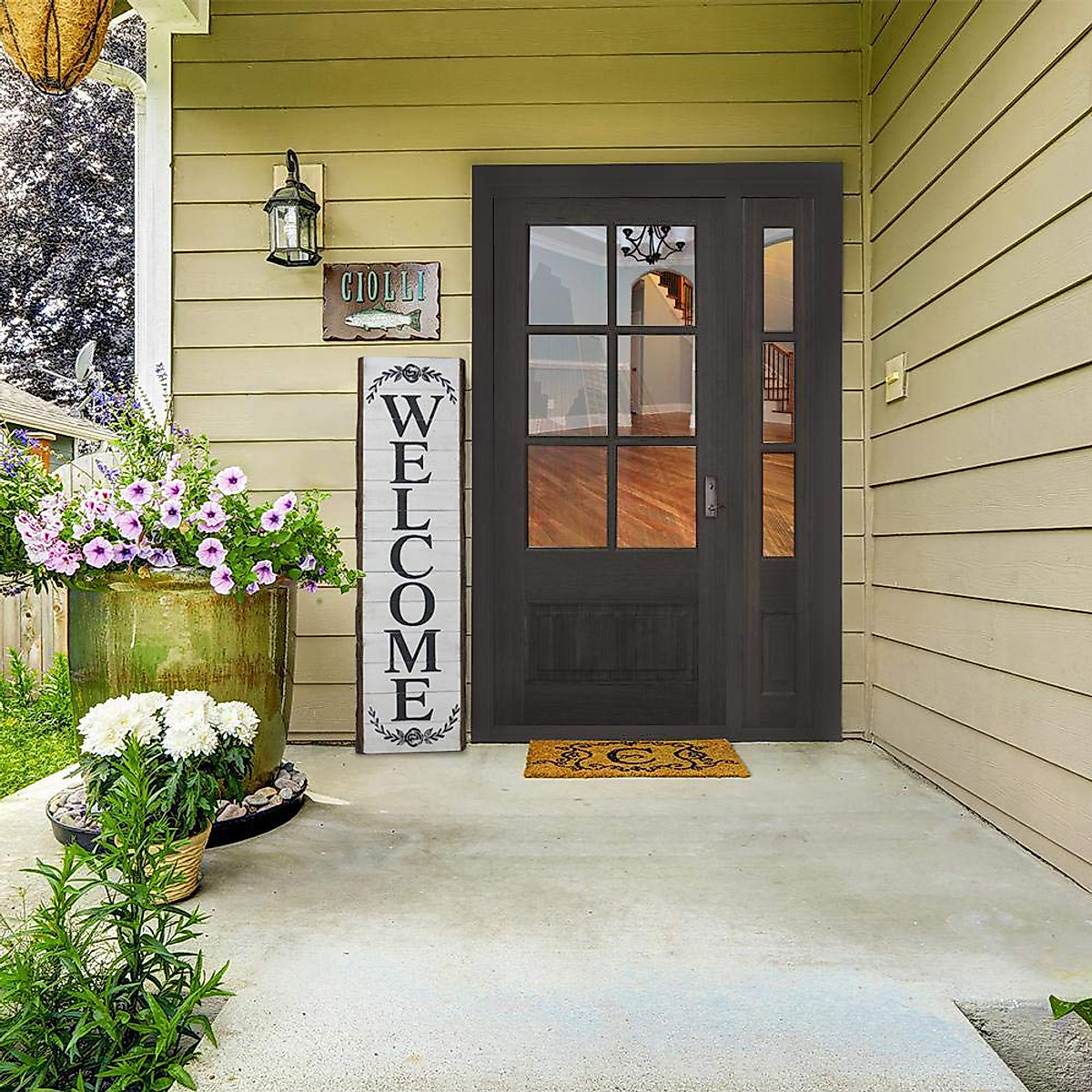 NIKKY HOME Large Vertical Welcome Word Sign for Porch Front Door Entryway Rustic Wooden Plaque Wall Hanging Decor, 46.5 x 12.5 Inch