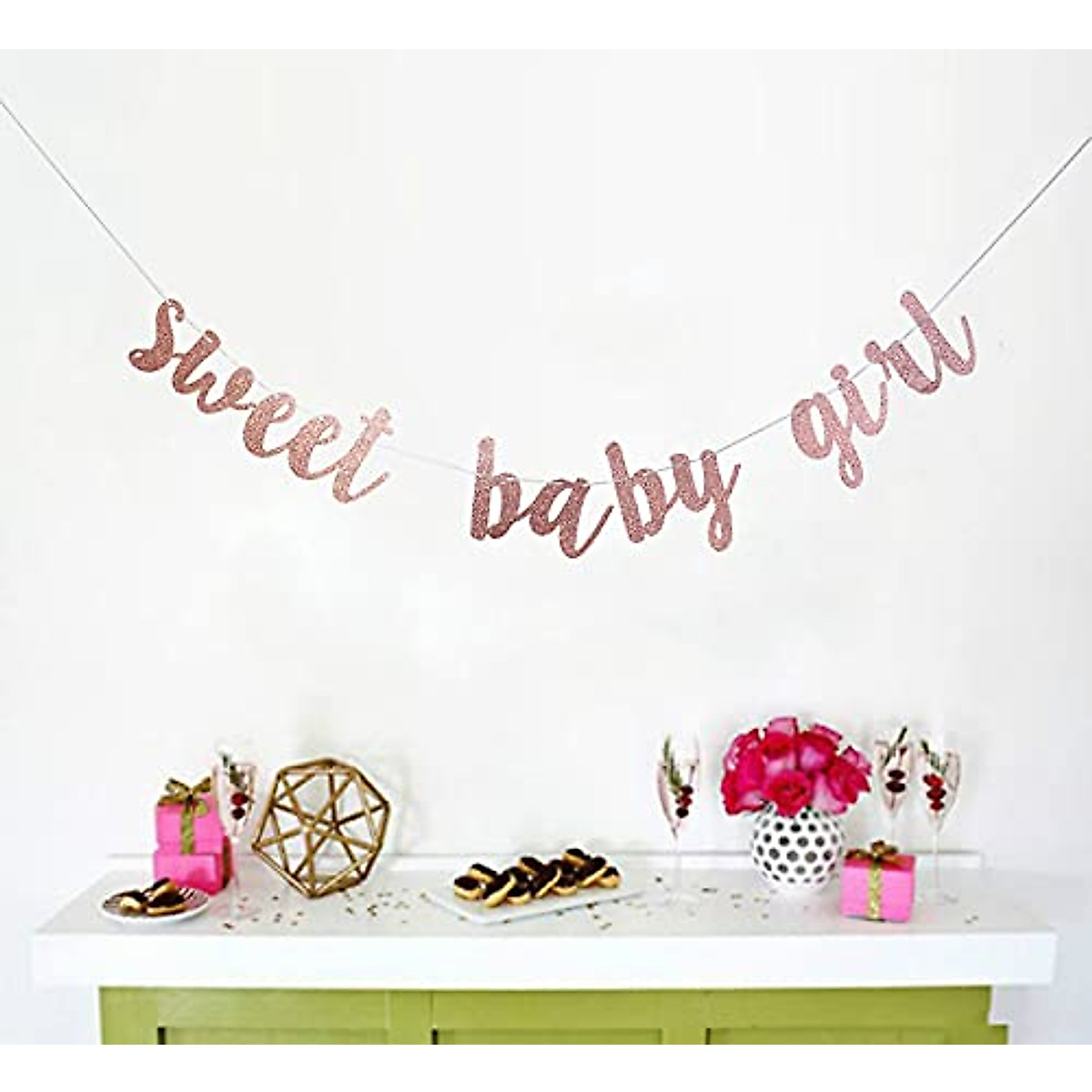 Welcome Sweet Baby Girl Banner, It's a Princess Rose Gold Glitter Paper Sign Decorations for Baby Shower Party, It's a Girl Party Decors, Gender Reveal Party Backdrops