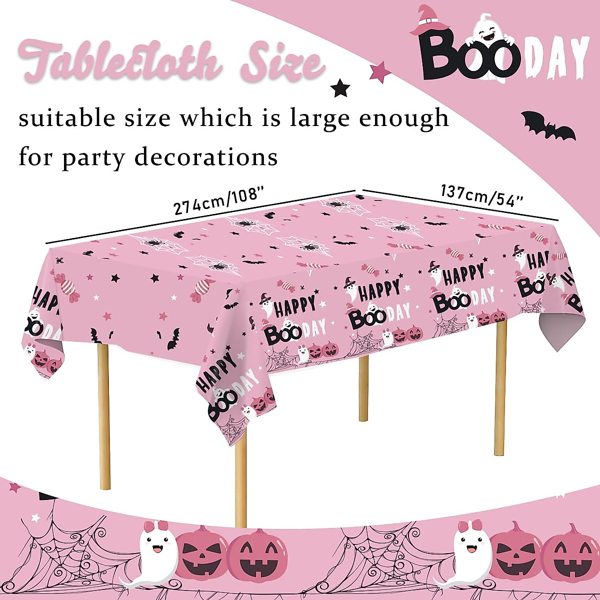 3 Pack Halloween Tablecloths Pink Halloween Party Decorations Pumpkin Ghost Happy Boo Day Halloween Table cover Rectangular Plastic Table Cover for Indoor Outdoor Halloween Party Home Decorations