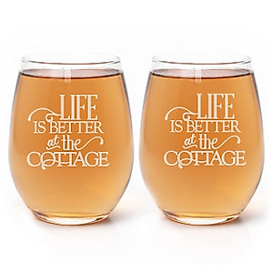 Life is Better at the Cottage Etched Wine Glass Set, Lake Cottage Decor Hostess Gifts for Couple