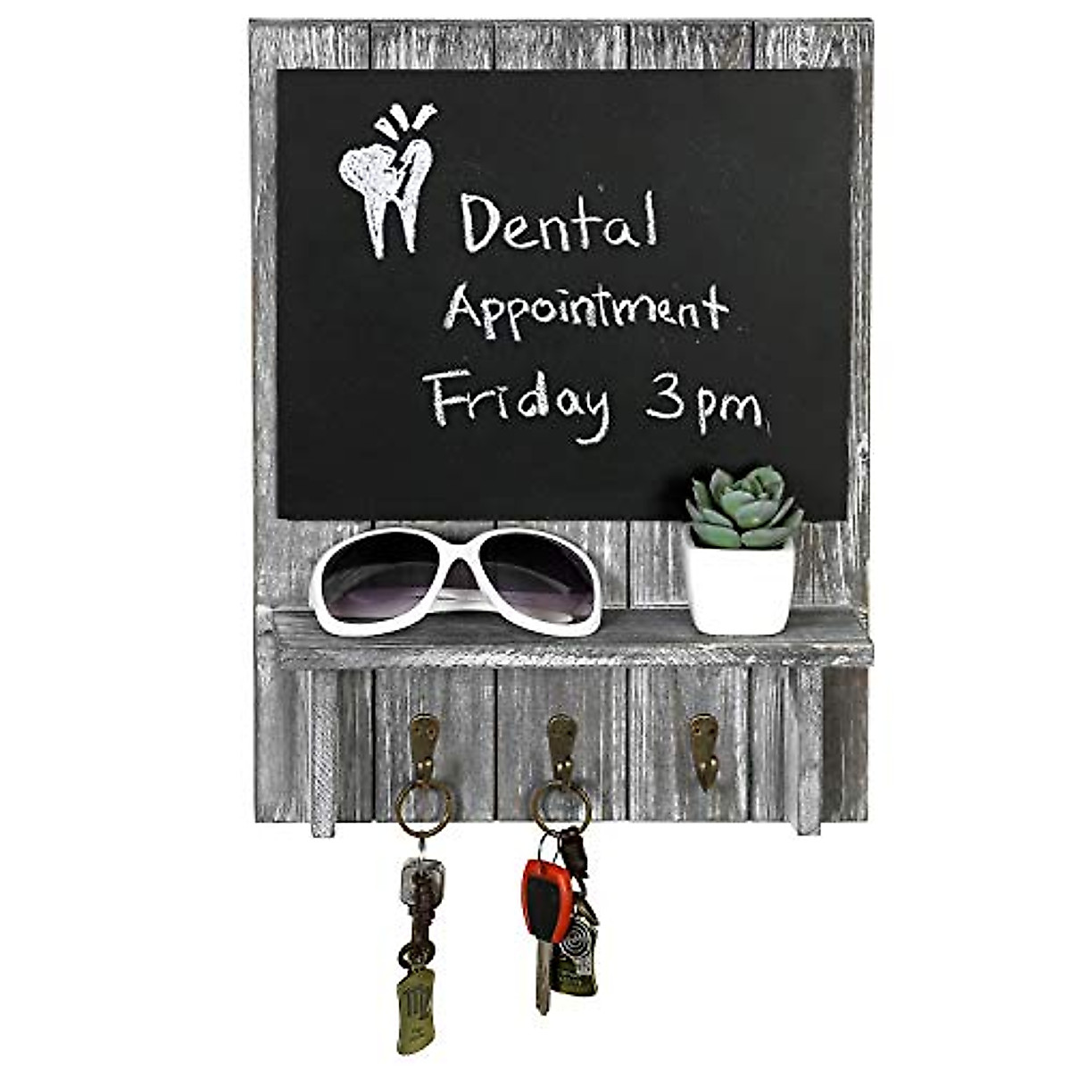 MyGift Wall Mounted Rustic Gray Wood Entryway Key Holder Organizer Rack with Chalkboard, Storage Display Shelf and 3 Hooks