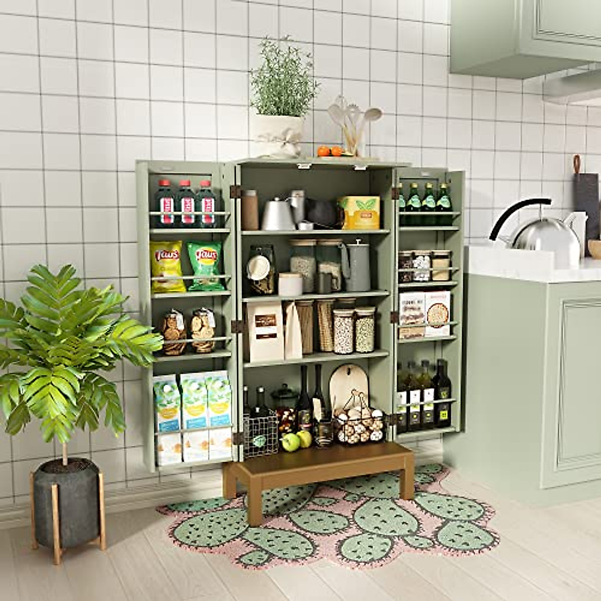 HOLTICO 45'' Kitchen Pantry Cabinet,Storage Cabinet with Doors and Adjustable Shelves,Food Pantry Cabinet for Kitchen,Dining Room,Living Room and Garage,Gold Lines and Legs,Green Cabinet.