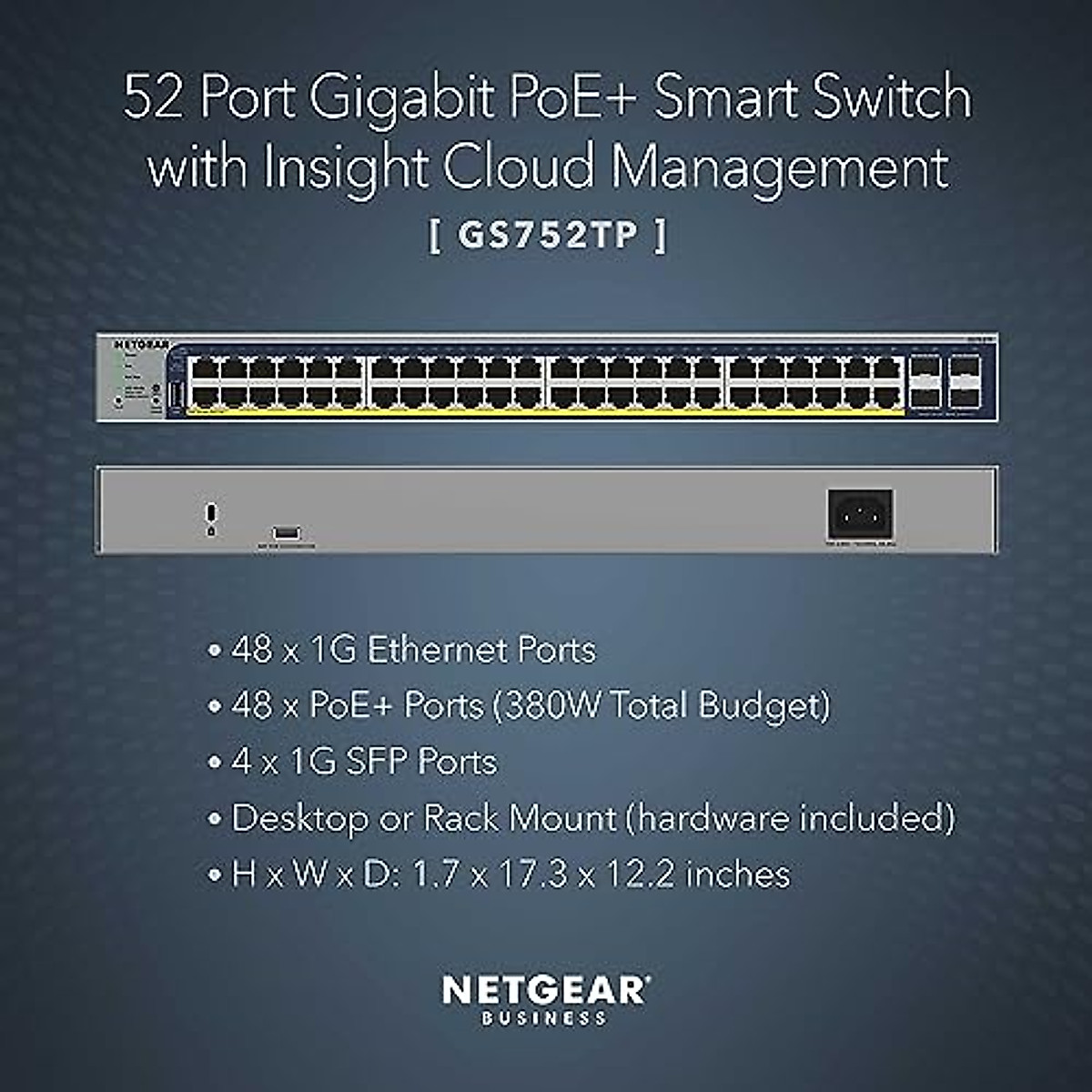 NETGEAR 52-Port PoE Gigabit Ethernet Smart Switch (GS752TP) - Smart Managed, 48 x PoE+ @ 380W, 4 x 1G SFP, Desktop or Rackmount Switch