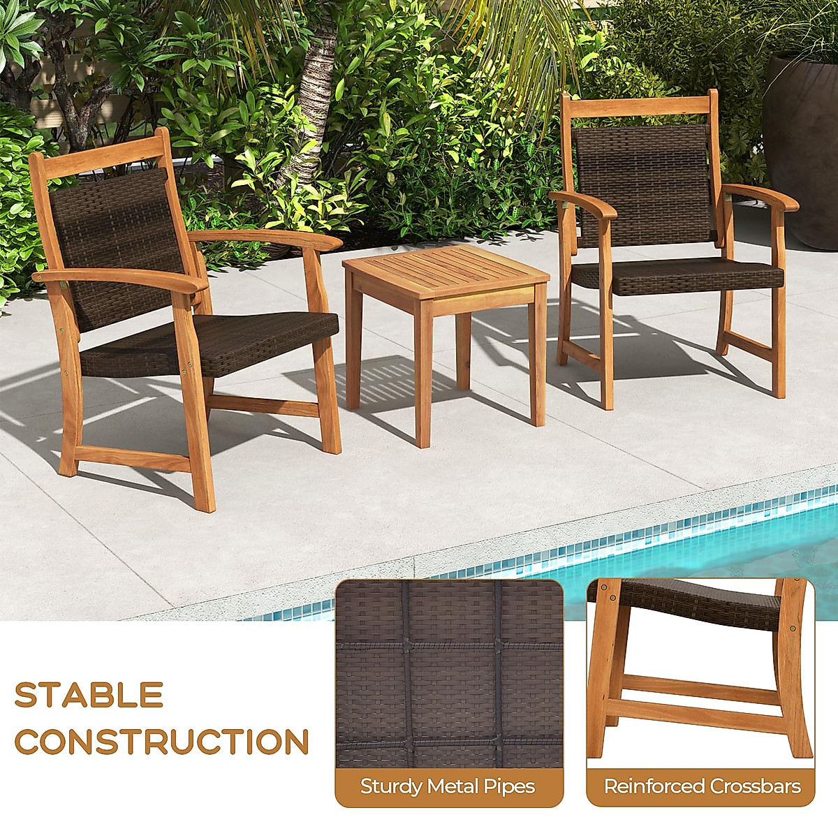 HAPPYGRILL 3 Pieces Rattan Wood Bistro Set, Patio Wicker Chairs Set with Acacia Wood Side Table, Outdoor Sofa Furniture Set for Yard Garden Porch Poolside