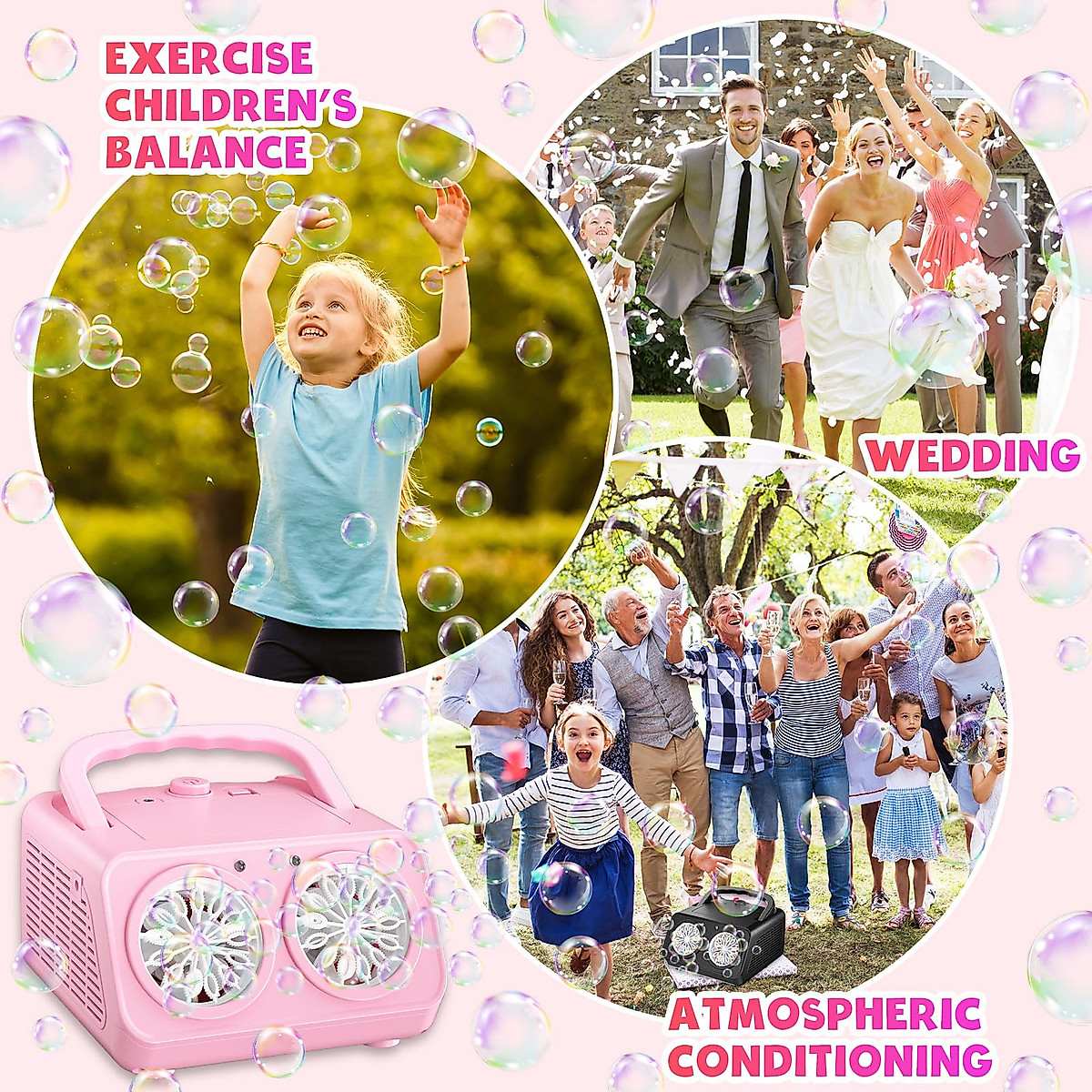 WELL WITHYOU Bubble Machine, Upgraded Durable Bubble Blower | 18000+ Big Bubbles Per Minute for Kids Toddler, with 2 Speed, Plug-in or Battery Powered, for Indoor Outdoor Birthday Parties, Pink
