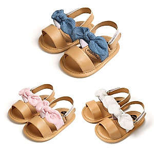 Ohwawadi Baby Girls Sandals Wedding Dress Mary Jane Flats Bowknot Princess Infant Shoes Soft Summer Newborn Crib Shoes First Walkers Prewalker Shoe