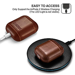 AirPods Case, ICARER Genuine Airpods Leather Case (The Front LED Visible) Wireless Charging Cover for Apple Airpod 2 & 1 (Brown)