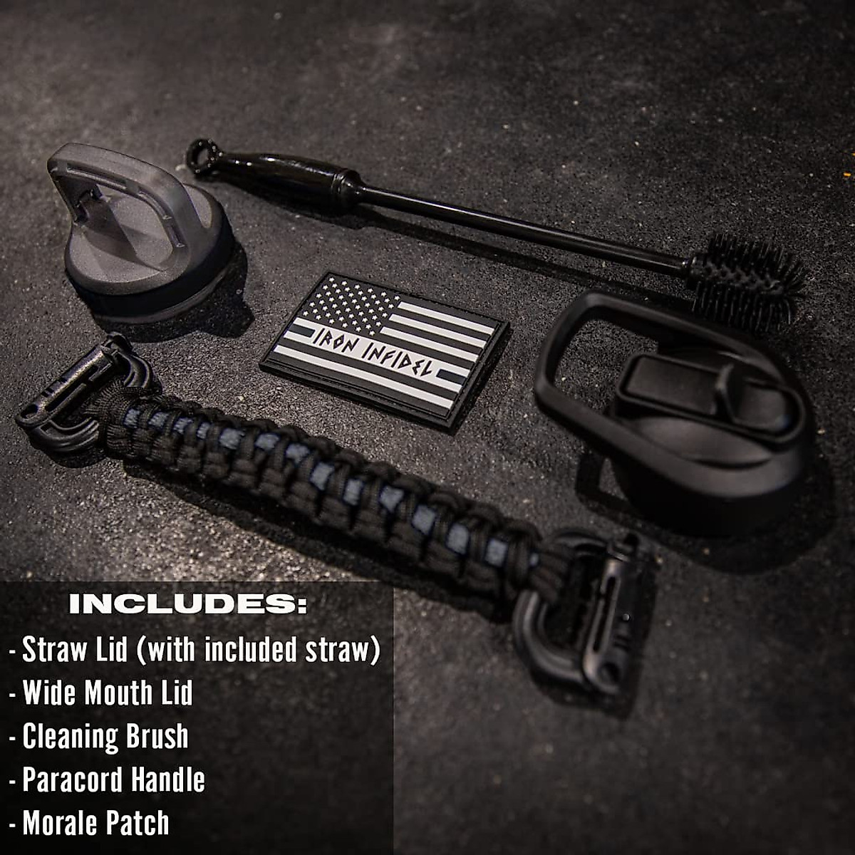 Iron Infidel Battle Bottle Straw Lid & Cleaner Brush Kit - 64 Oz and 32 Oz Water Bottle Lid Replacement with Straw, Wide Mouth Lid, and Long Handle Water Bottle Cleaning Scrub Brush Tool (Black/Grey)
