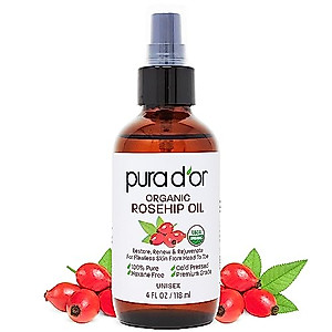 PURA D'OR Organic Rosehip Seed Oil,100% Pure Cold Pressed USDA Certified All Natural Moisturizer Facial Serum For Anti-Aging,Acne Scar Treatment,Gua Sha Massage,Face,Hair & Skin,Women & Men,4oz
