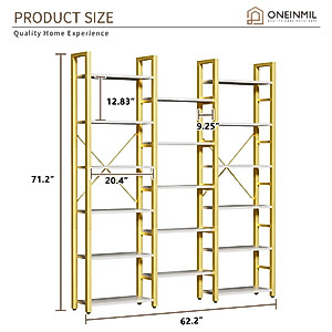 oneinmil Triple Wide 6-Shelf Bookcase Industrial Vintage Wood Style Large Open Bookshelves for Home&Office, Rustic Brown (6 Tier, White/Gold)