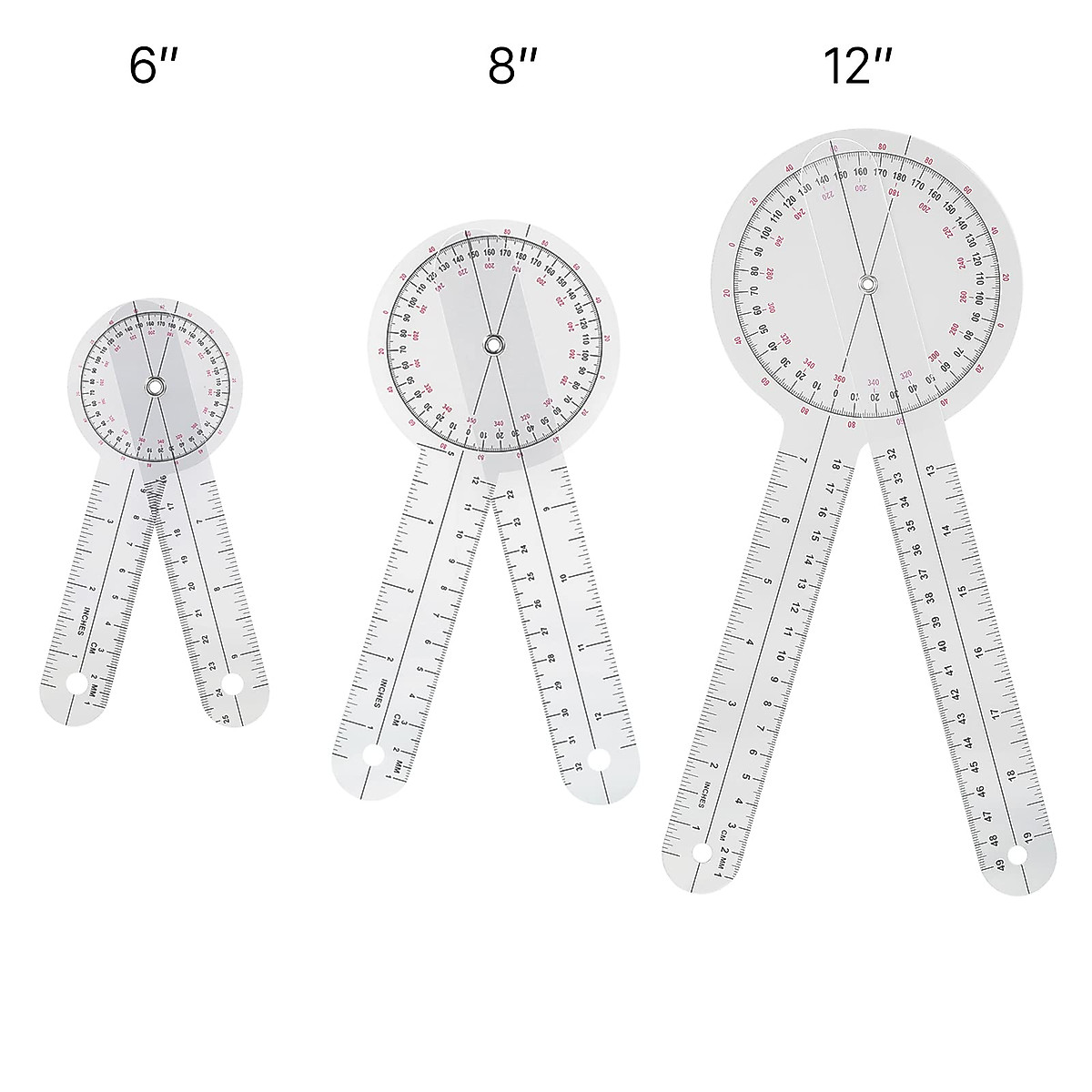 Goniometer Set 3 Pieces of 6/8/12 Inch Occupational Physical Therapy Protractor Tool Measurement Angle Ruler Kit Plastic 360 Degree Universal