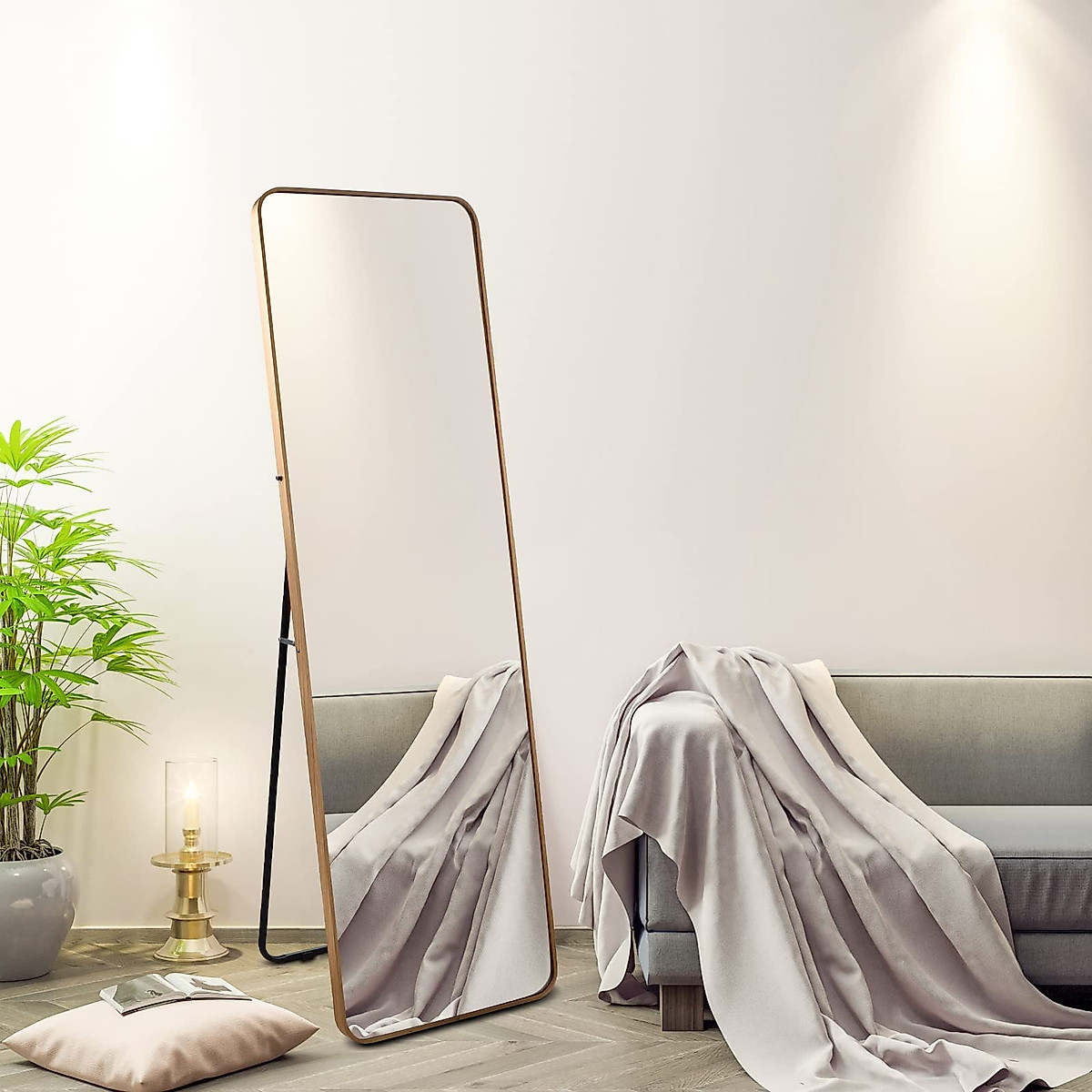 PHAREGE Brass Gold Full Length Mirror with Stand, 60x18 inch Full Body Size Standing Mirror for Bedroom Floor, Anti-Slip Bottom