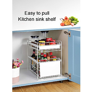 LEAYAN Under Sink Storage 2 Tier Drawer Organizer, Under Sink Storage Rack with Sliding Basket Drawer, Pull Out Drawers Under Sink, for Kitchen Bathroom Under Sink Rack Shelf, White 40 * 28 * 40cm