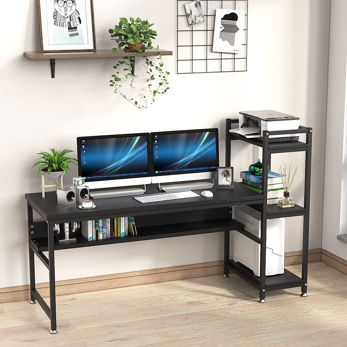CharaVector Tower Computer Desk 60 inch with 4 Tier Storage Shelves ，Modern Writing Desk with Bookshelf PC Desk Study Writing Table for Home Office，Black