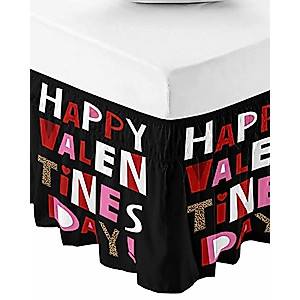 Valentine's Day Bed Skirt King Size 16 Inch Drop,Adjustable & Elastic Wrap Around Bed Skirts Pleated Luxury Dust Ruffles for Twin Full Queen Cal King Bed,Red Pink Black Saint Leopard English Print