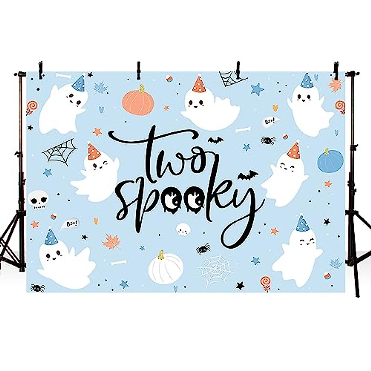 MEHOFOND 7x5ft Halloween Two Spooky Blue Backdrop Little Boo Happy 2nd Birthday Party Decoration Banner Supplies for Boys Spooktacular Happy Booday Photography Background Photo Studio Props
