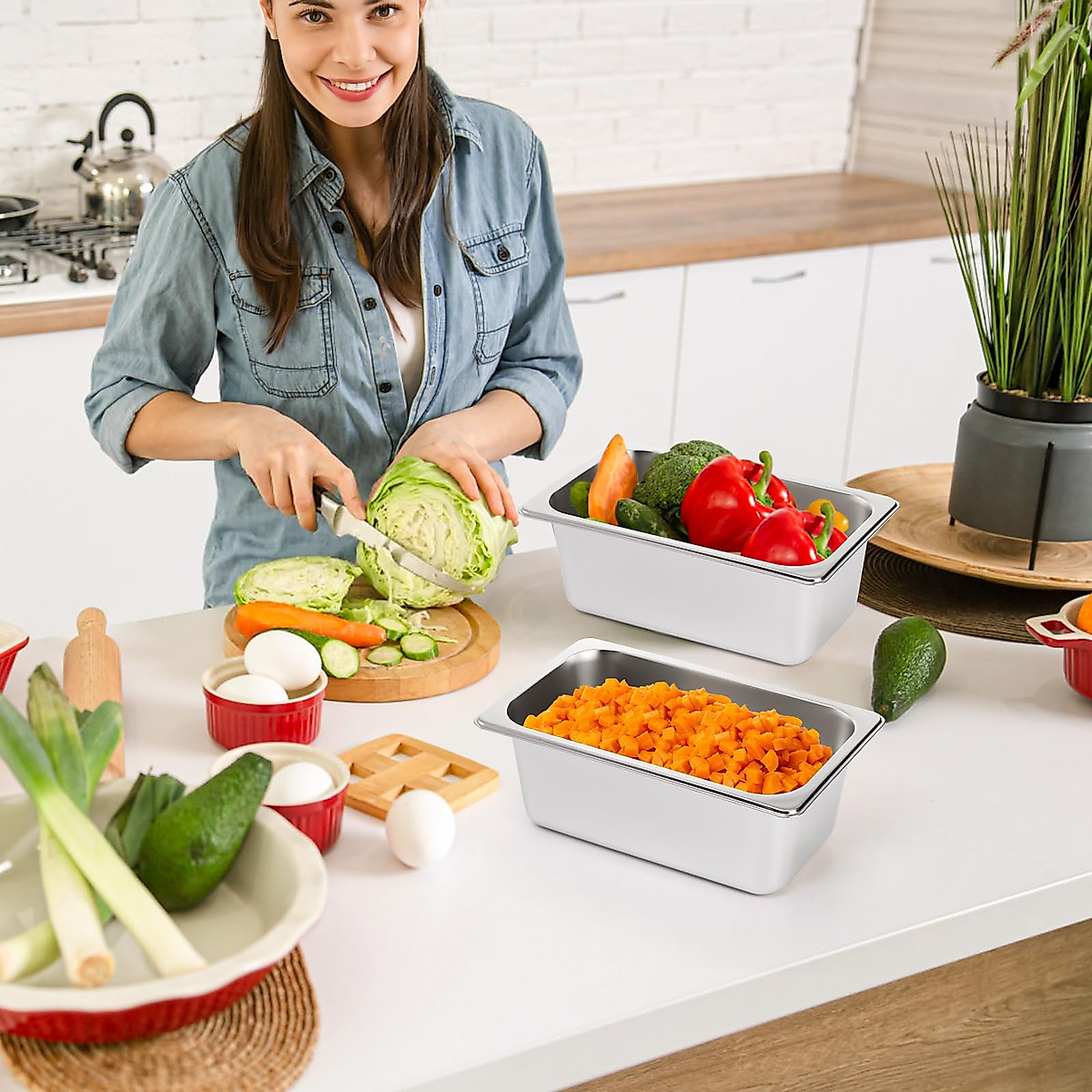 TOPZEA 4 Pack Hotel Pans, 1/4 Size 4" Deep Stainless Steel Steam Table Serving Pan, Buffet Dinner Catering Food Pans, Warmer Breading Tray Batter Pan for Restaurant Salad Bar Party Supplies