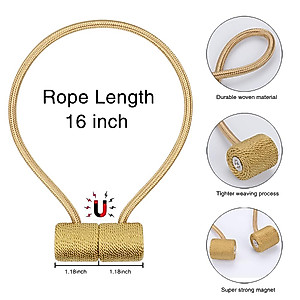 Magnetic Curtain Tiebacks, Strong Magnetic Window Curtain Tiebacks Clips Decorative Rope Holdbacks Drapery Curtain Tie Backs Weave Holder for Window Draperies Hold Curtains Drape Ties Backs (2, Gold)