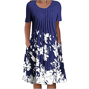 Women Plum Print Tshirt Dress Short Sleeve Casual Holiday Dress Smocked Tunic Dresses Vintage Spring Outfits