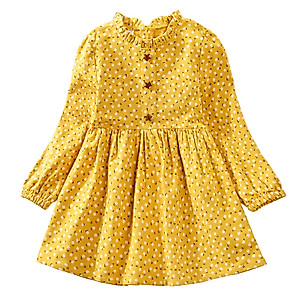 VINUOKER Toddler Baby Girls Floral Dress Long Sleeve Cotton Dress Fall Winter Midi Dress Little Girl Dress 2-7 Years Yellow