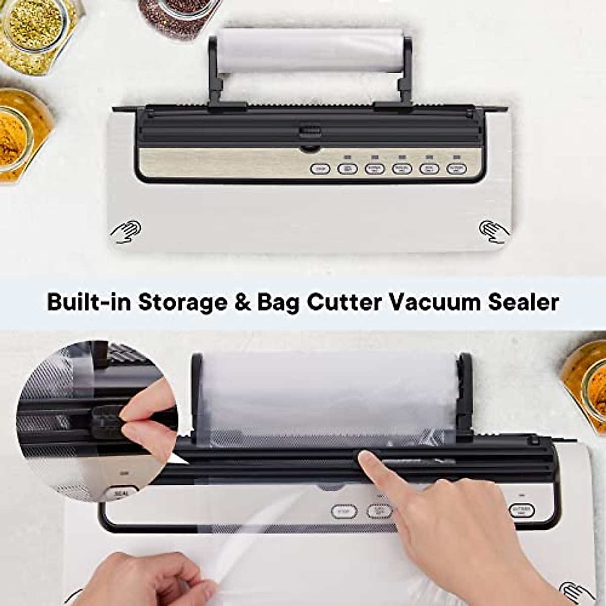 Food Vacuum Sealer Machine, Dry/Moist Vacuum Sealer with 5-in-1 Multi-operating Modes for Sous Vide and Food Storage, Built-in Roll Storage & Cutter Food Vacuum Machine,10 Pcs Bags Starter Kit, White