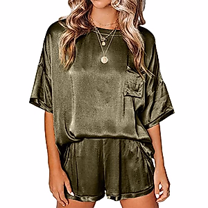 Pajama Sets Womens Silk Satin Pajamas Family Set Short Sleeve Nightwear with a Pocket Soft Loungewear for Summer Spring,2-imitation Silk-green,X-Large