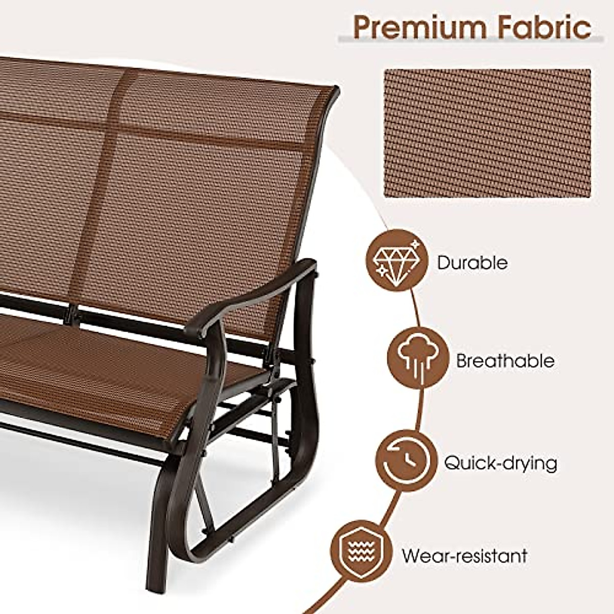 Tangkula Patio Glider Bench, 2-Person Outdoor Rocking Bench with High Back & Curved Armrests, Swing Glider Loveseat with Spacious Seat for Backyard, Balcony, Poolside, Porch (Brown)