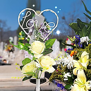 Joyathome 16 Inch Solar Heart Garden Stake Lights with 3 Artificial Flowers Metal Garden Art for Patio Lawn Garden Decor Solar Outdoor Love Sign for Gravesites Memorial and Ideal Gifts for Loved Ones