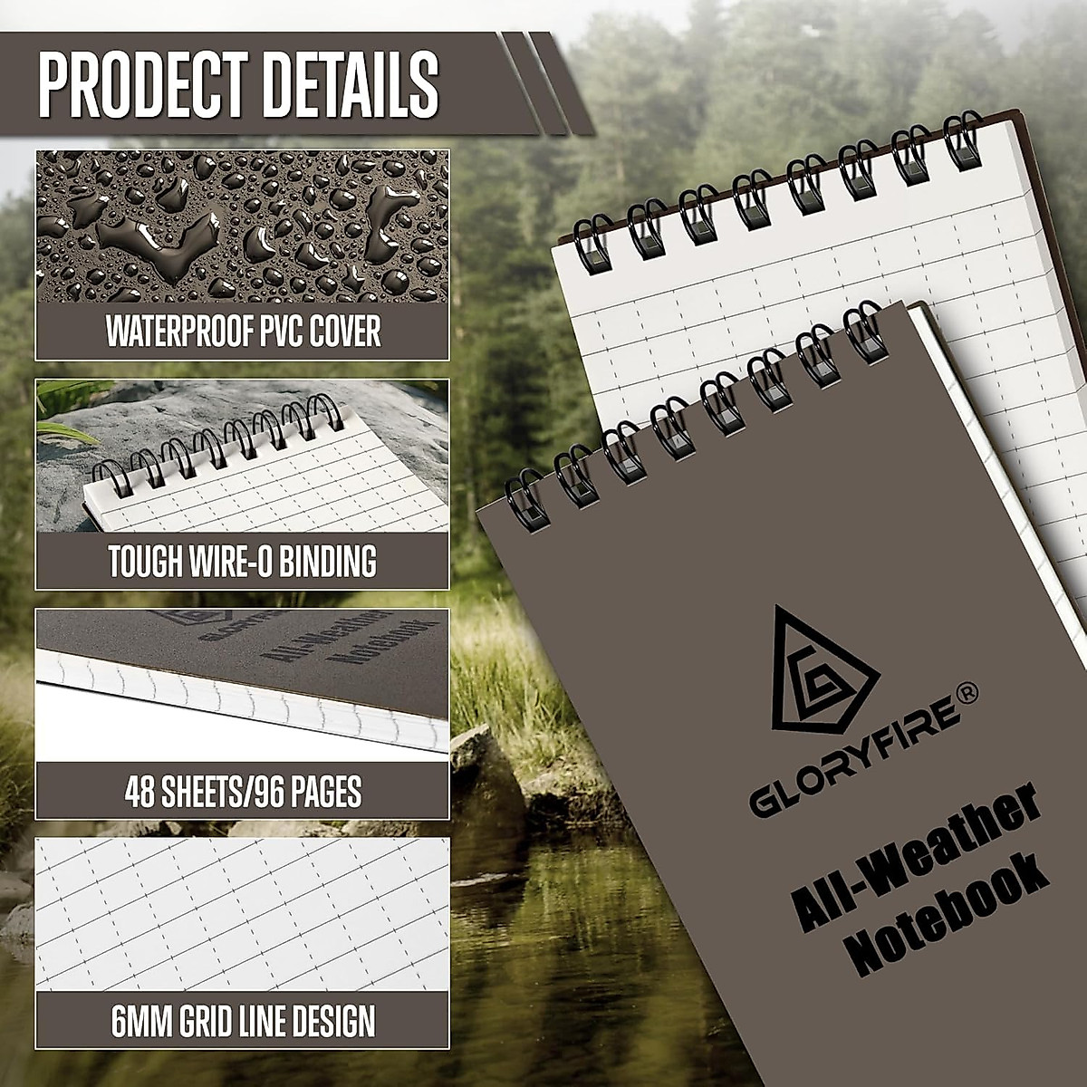 GLORYFIRE Waterproof Notebook Tactical All-Weather Spiral Memo Paper Notepad with Waterproof Grid Paper for Outdoor Activities Recording 3"x5" (5pcs)