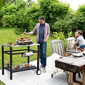 Dining Cart,Outdoor Grill Cart,Stainless Steel,with 4 Hooks, Double-Shelf,Side Handle,Wheels,Cooking Table for Outdoors, Kitchen or Backyard, Movable BBQ Trolley,Multifunctional and Commercial