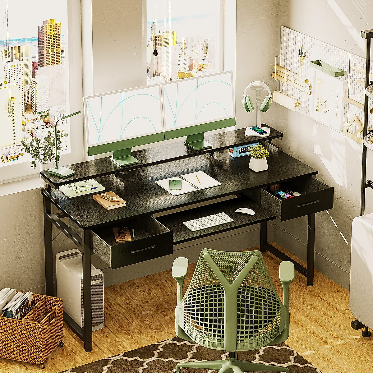 ODK Computer Desk Study Table, 63 Inch Office Desk with Drawers and Keyboard Tray, Study Desk Work Desk with Monitor Shelf, Writing Desk with Storage for Home Office, Black