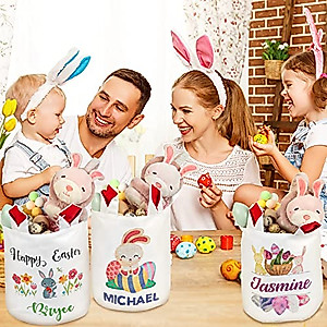 Customized Name Canvas Tote Bag Bunny Printed Easter Basket, Egg Hunt Easter Bags with Rabbit Ears for Kids Boys Girls First Easter Party Decorations Favors Gifts, Cute Easter Basket