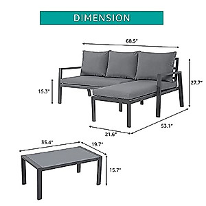 Soleil Jardin Outdoor Patio Furniture Set with Chaise Lounge, Aluminum Sofa Set for Porch Garden, Space Saving L-Shaped Corner Sectional Chair with Glass Coffee Table, Dark Grey Finish & Grey Cushion