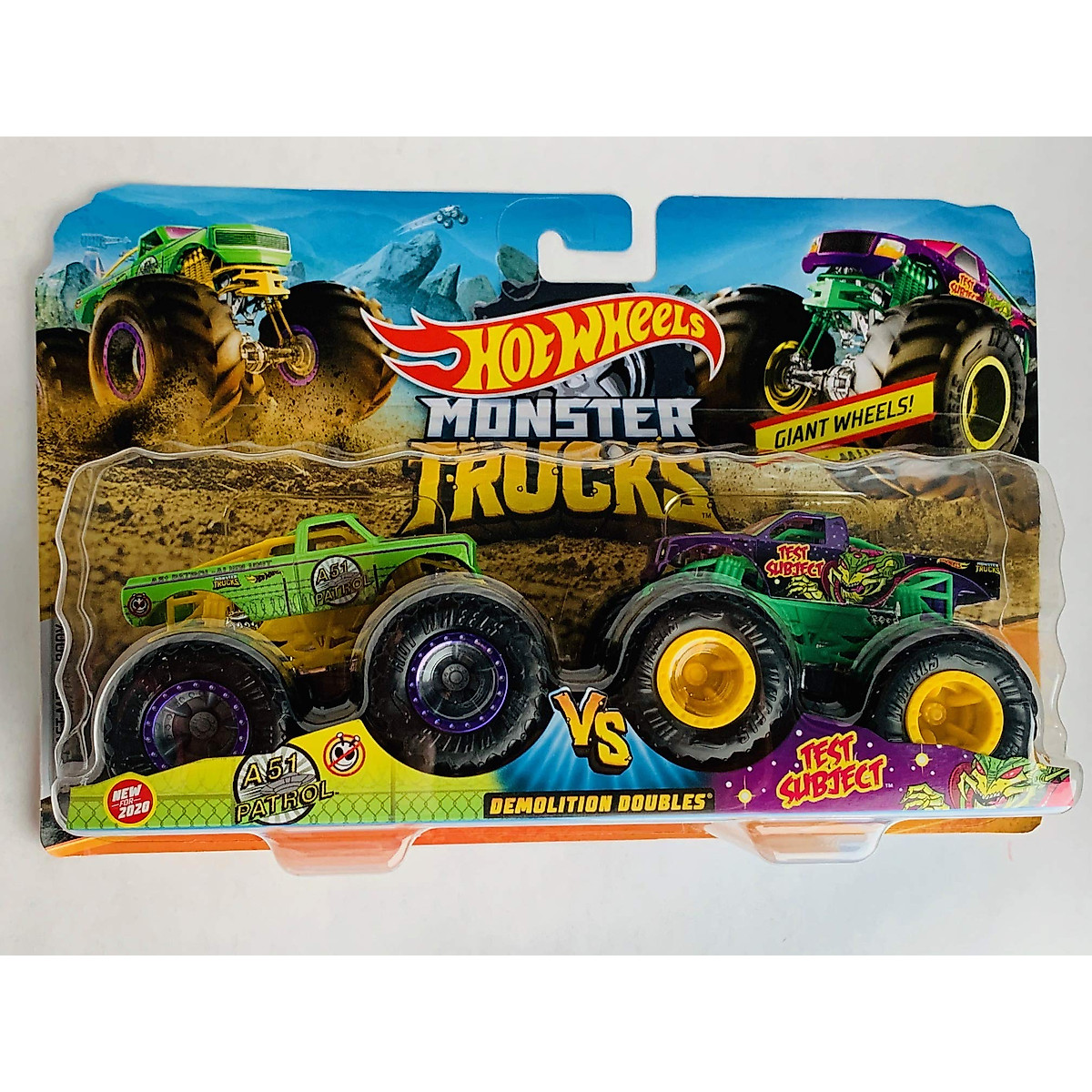 Hot Wheels 2020 Monster Trucks Demolition Doubles 1:64 Scale, A51 Patrol and Test Subject