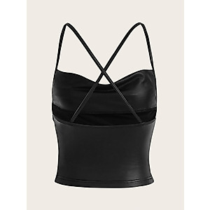 Floerns Women's PU Leather Crisscross Backless Cowl Neck Draped Crop Cami Top Black L