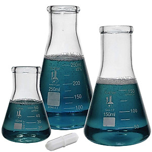 Glass Erlenmeyer Flask Set with Magnetic Stir Bar - 3 Sizes - 50, 150 and 250ml, 3.3 Borosilicate Glass, Karter Scientific 214U7