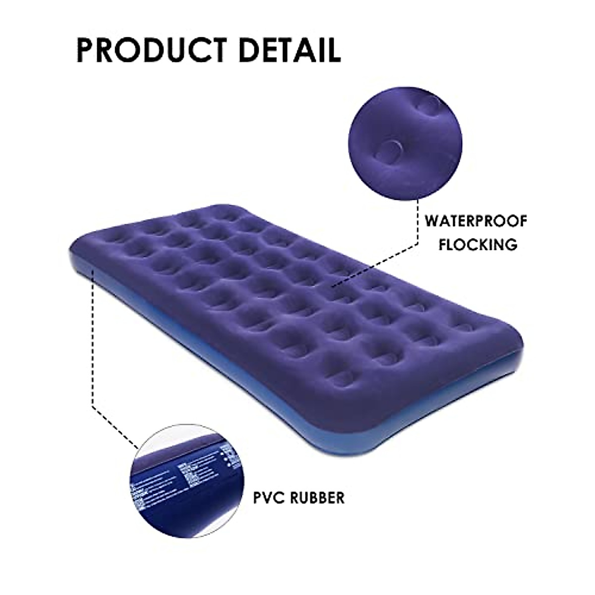 JEAOUIA Twin Size Air Mattress for Inflatable - Portable Blue Blow Up Mattresses with Flocked top - Single Foldable Air Bed for Tent Camping Home Travel Backpacking