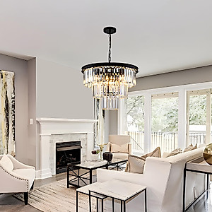 HCCZ 8 Light Modern Crystal Chandelier 20'' Black Chandeliers for Dining Room Contemporary Pendant Light Fixture Round 3-Tier Adjustable Height E12 for Living Room, Foyer, Entryway, Bedroom