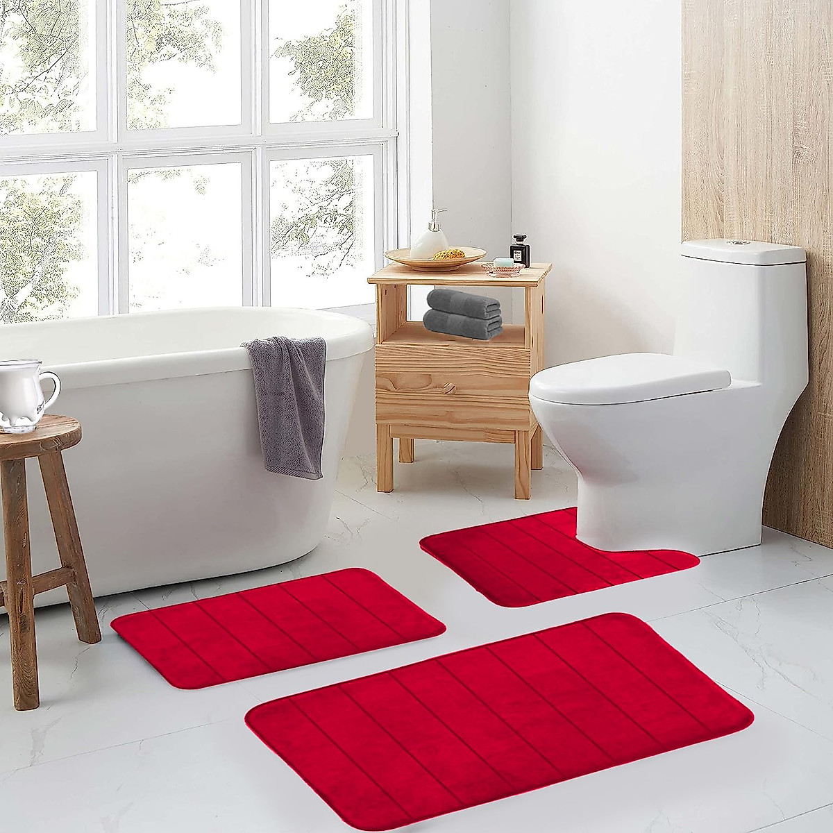 RUN HELIX Red Bathroom Rugs Memory Foam Bath Mat Set 3 Piece Non-Slip Rugs,Absorbent Shaggy Rugs,Machine Wash, Perfect Plush Mats,Washable Carpets with U-Shaped Toilet Rug-Rug