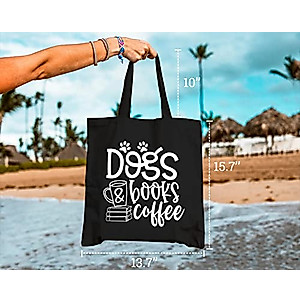 GXVUIS Dogs Books And Coffee Canvas Tote Bag for Women Aesthetic Reusable Grocery Shoulder Shopping Bags Gifts for Girls Black