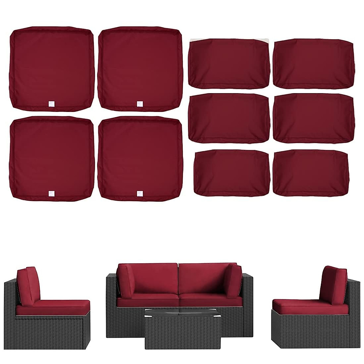 ClawsCover 10 Pack Outdoor Seat and Back Cushions Replacement Covers Fit for 5 Pieces 4-Seater Wicker Rattan Furniture Patio Conversation Set Sectional Couch Chair,Burgundy-Include Cover Only