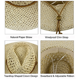 Muryobao Womens Summer Straw Hat Wide Brim Outdoor UV Protection Cowboy Sun Hat Foldable Packable Fedora Travel Beach Cap UPF 50+ with Wind Lanyard Khaki